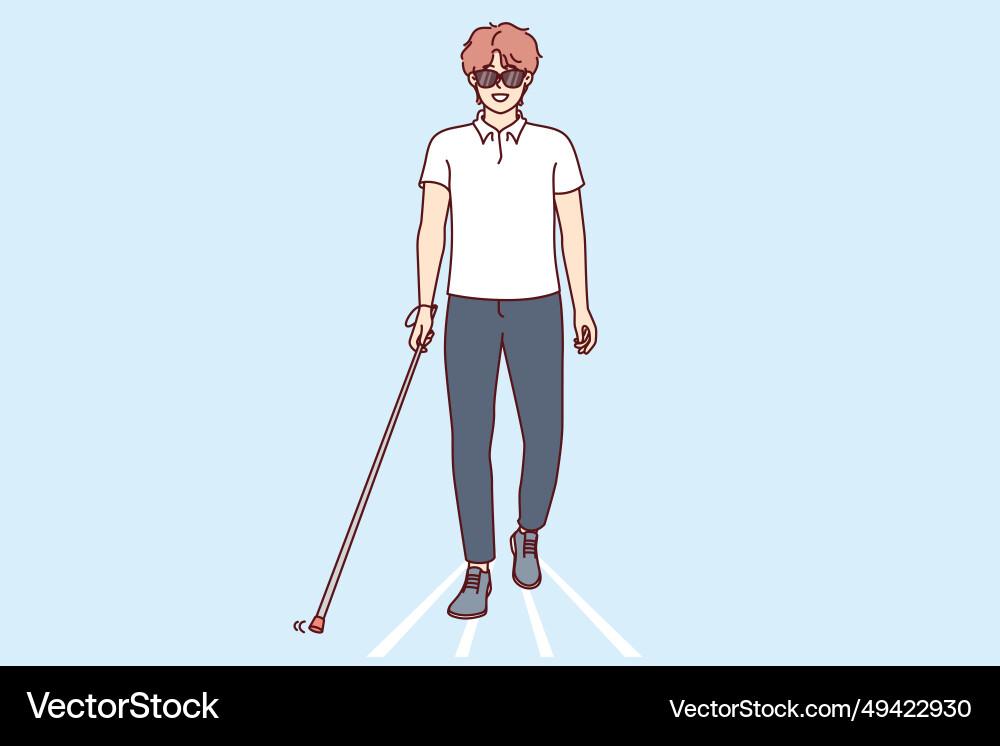 Young blind man walks through city wearing Vector Image