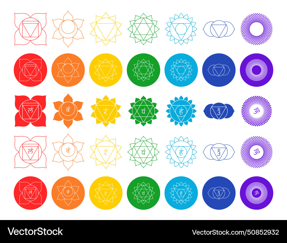 Chakra set line art symbols meditation Royalty Free Vector