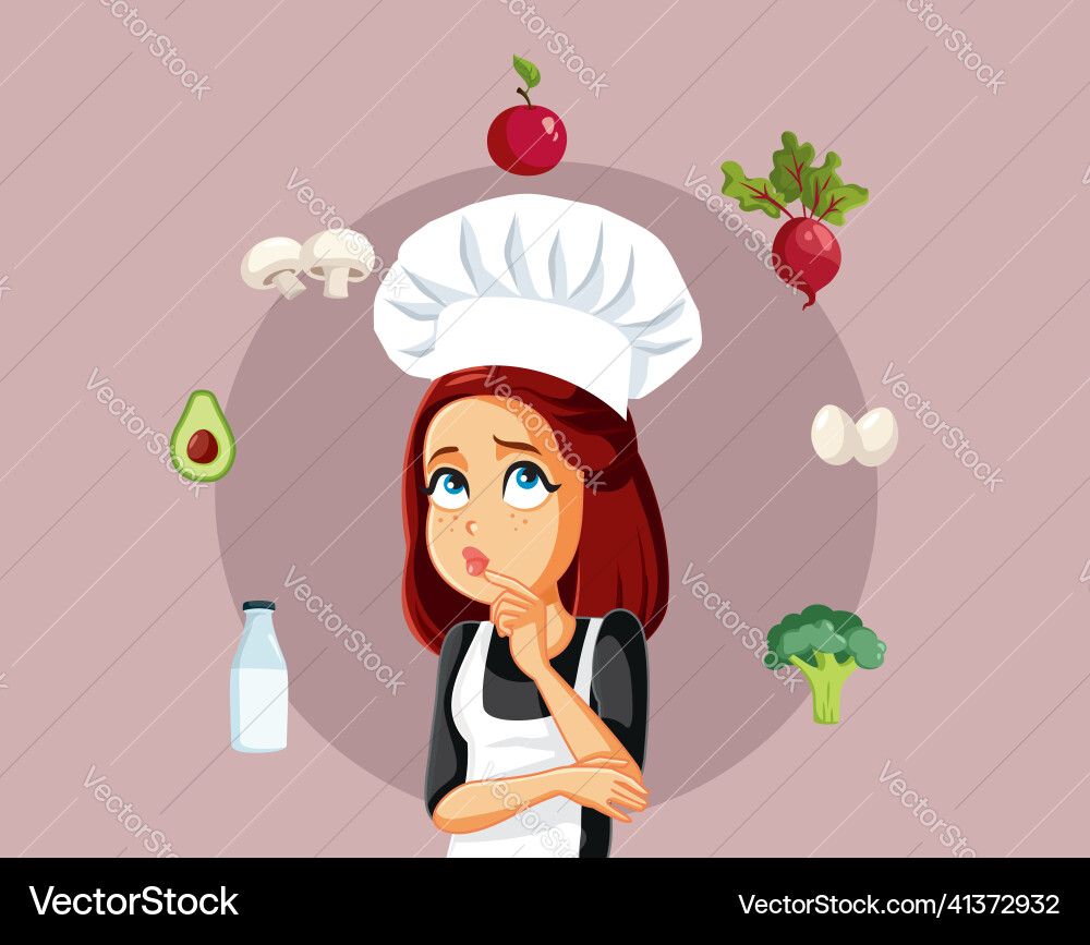 Chef thinking what to cook based on ingredients Vector Image