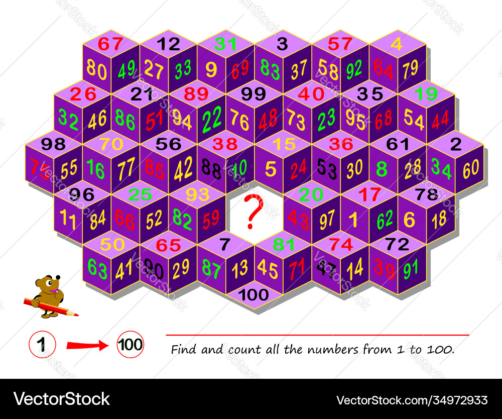 3D Number Counting Puzzle - Find 1 to 100 Vector Image