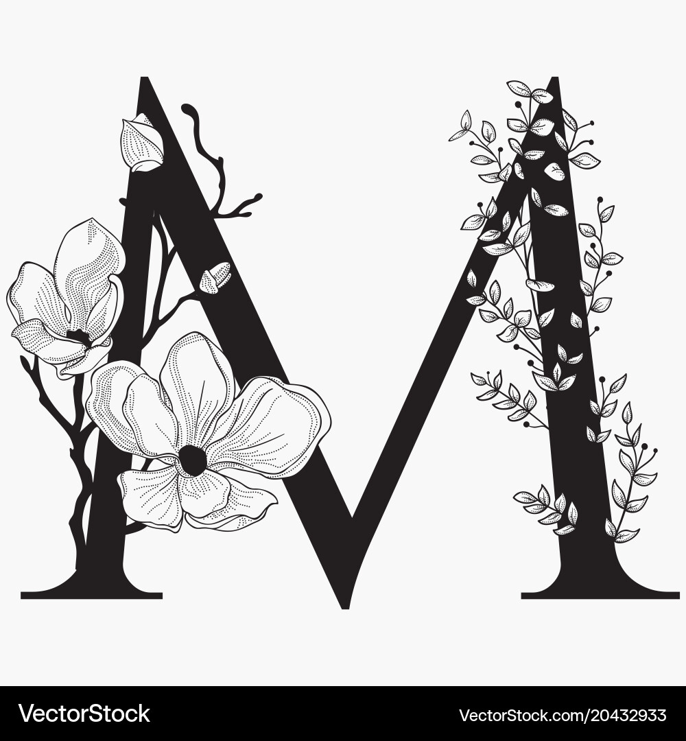 Hand drawn floral m monogram and logo Royalty Free Vector
