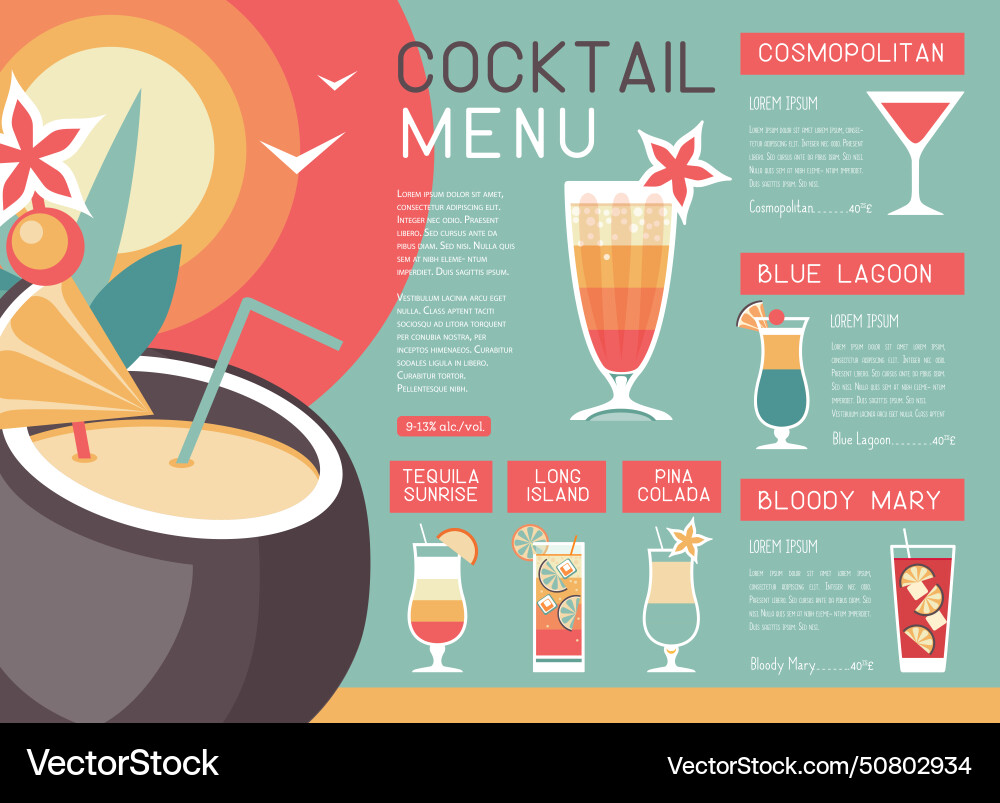 Retro summer restaurant cocktail menu design Vector Image