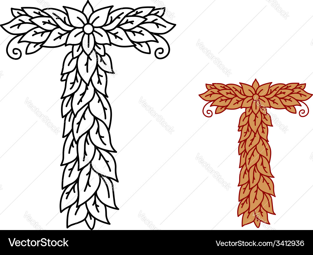 Uppercase letter t in a foliate font Royalty Free Vector