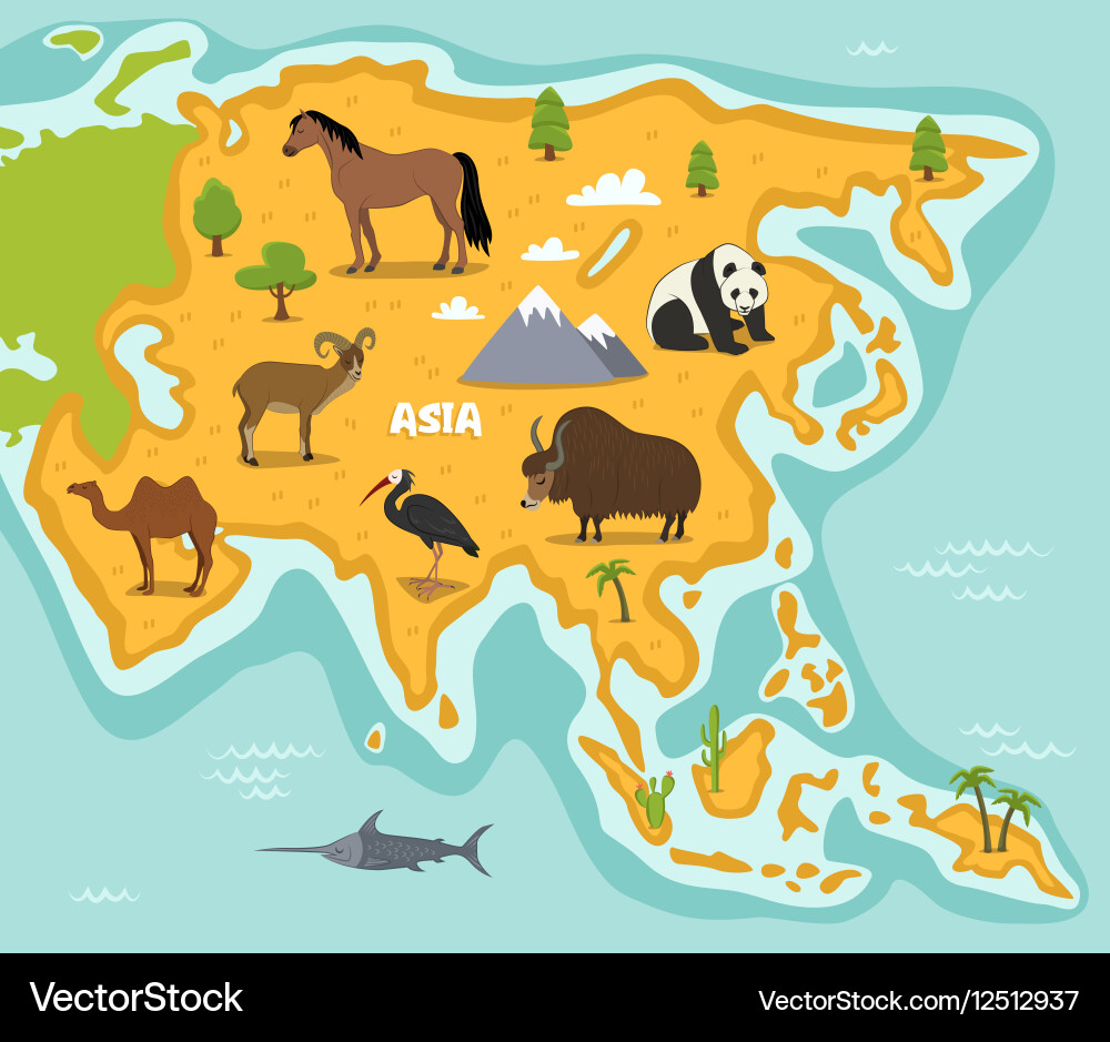 Asian map with wildlife animals Royalty Free Vector Image