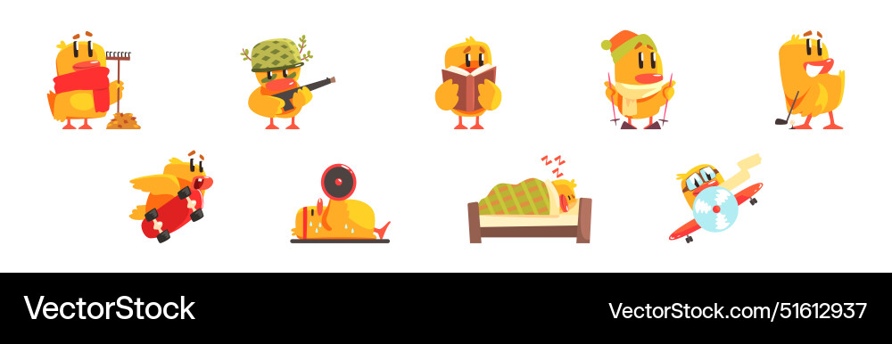 Funny chick character in different activity Vector Image