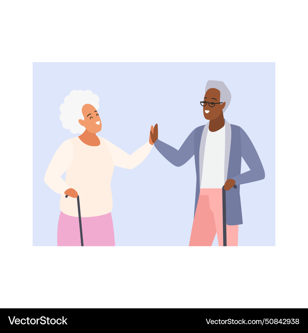 Grandparents with walking stick give high five Vector Image