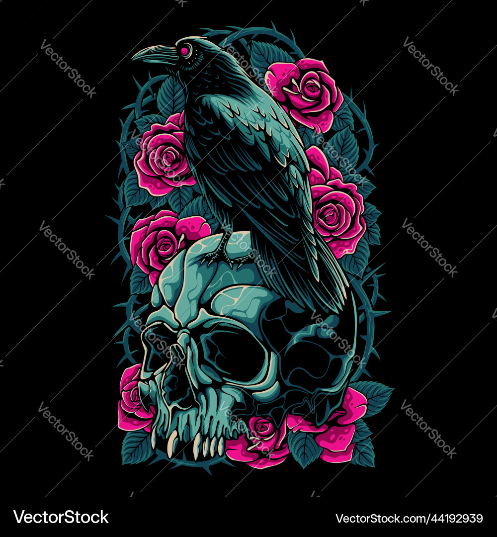 Colorful a skull with crow perched Royalty Free Vector Image
