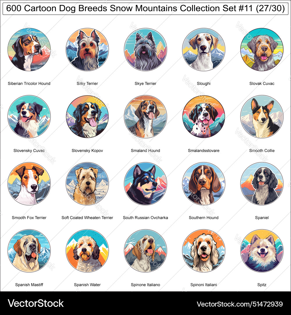 Dog breeds cartoon characters snow mountains Vector Image