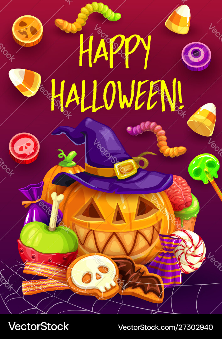 Halloween trick or treat candy pumpkin witch hat Vector Image