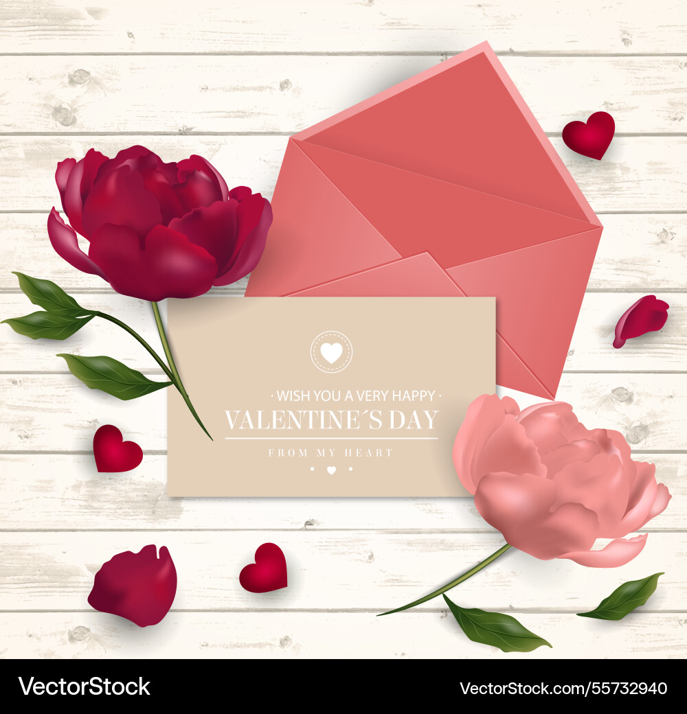 Valentines day background with card and flowers Vector Image