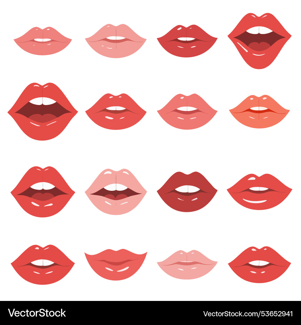 Collection of red lips in different expressions Vector Image