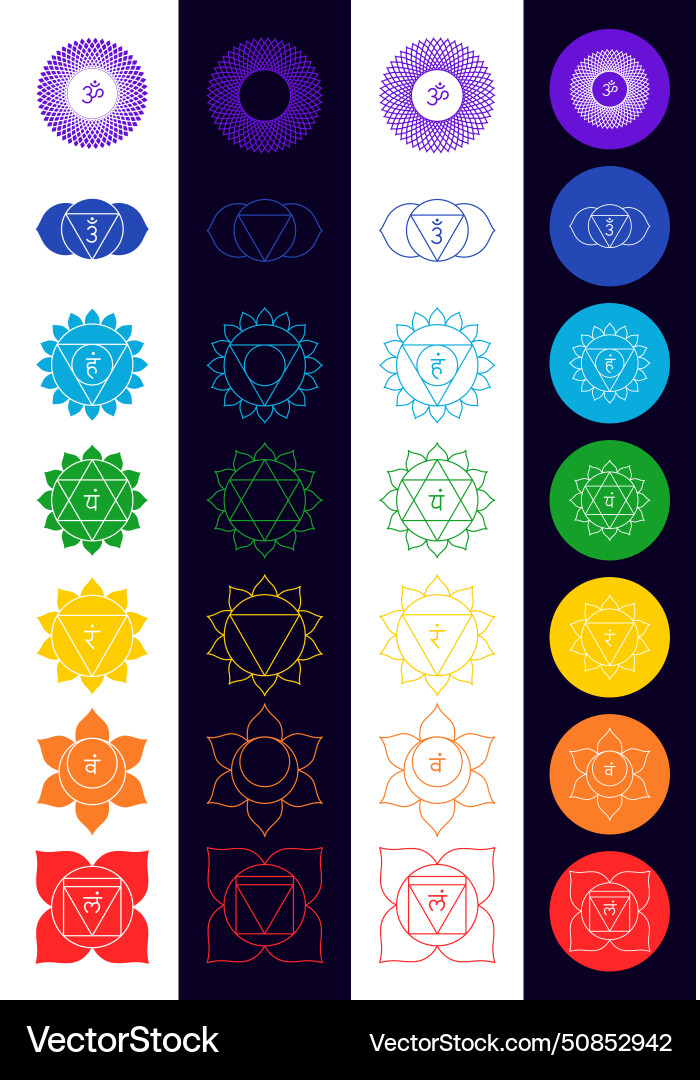 Chakra set line art symbols meditation Royalty Free Vector