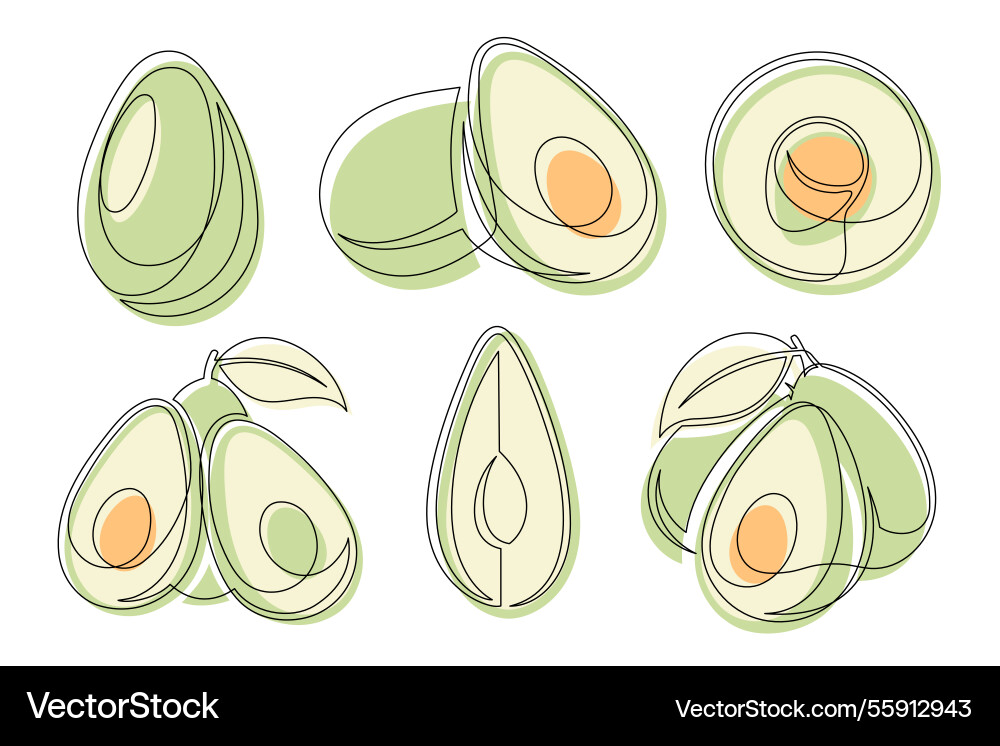 Avocado green continuous one line drawing icon set