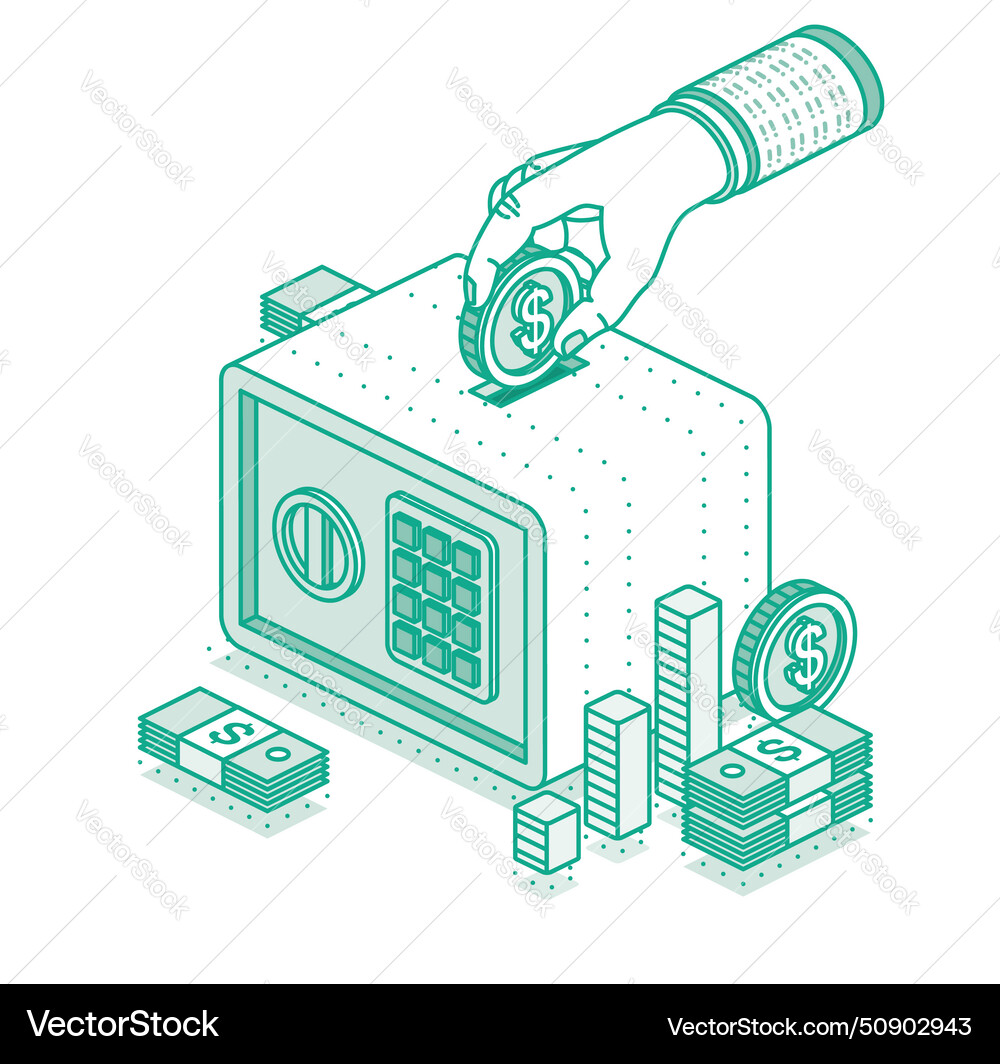Hand puts money in safe isometric concept Vector Image