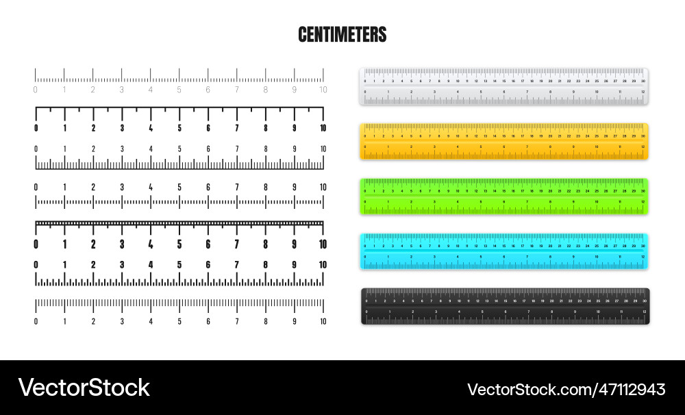 Realistic metal rulers with black centimeter scale