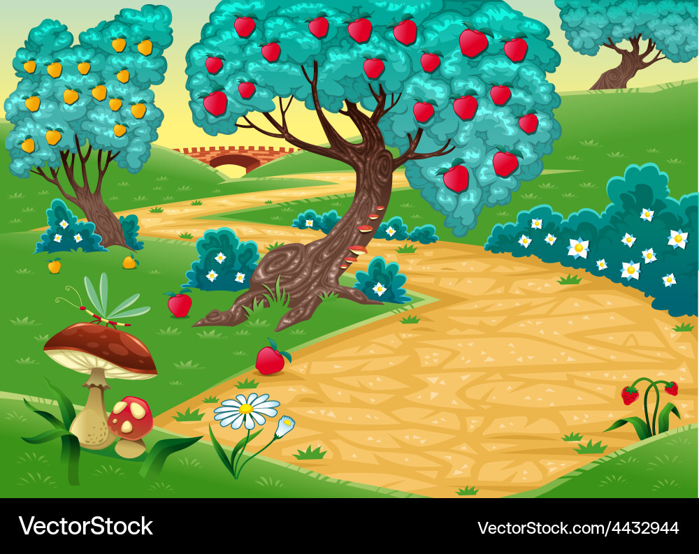 Cartoon Fruit Orchard Landscape Royalty Free Vector Image