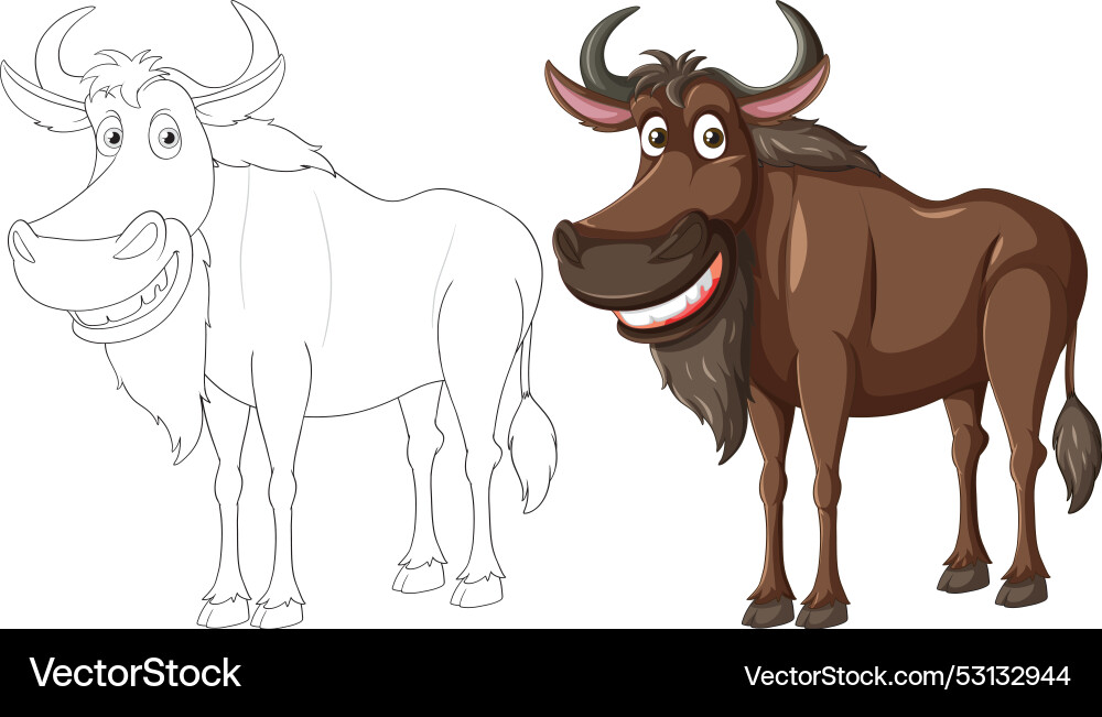 Happy buffalo with outline version included Vector Image