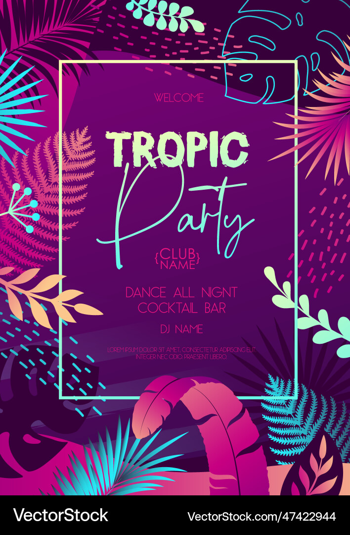 Summer disco poster with fluorescen tropic leaves Vector Image