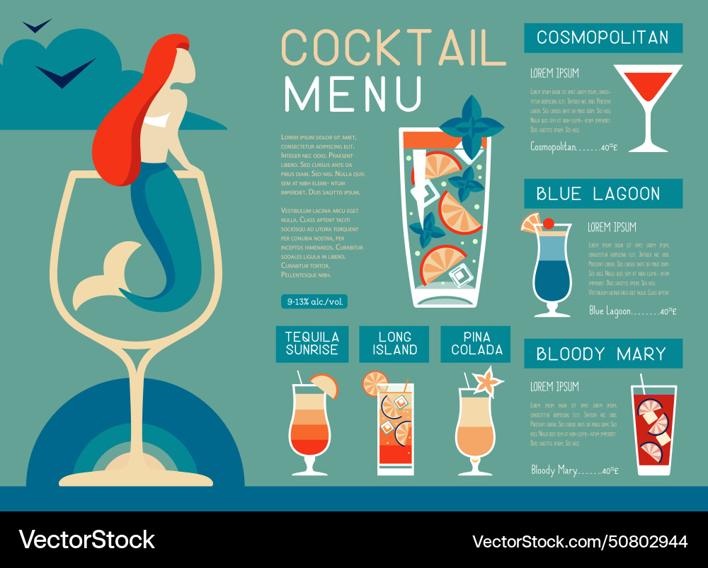 Summer restaurant cocktail menu with mermaid Vector Image
