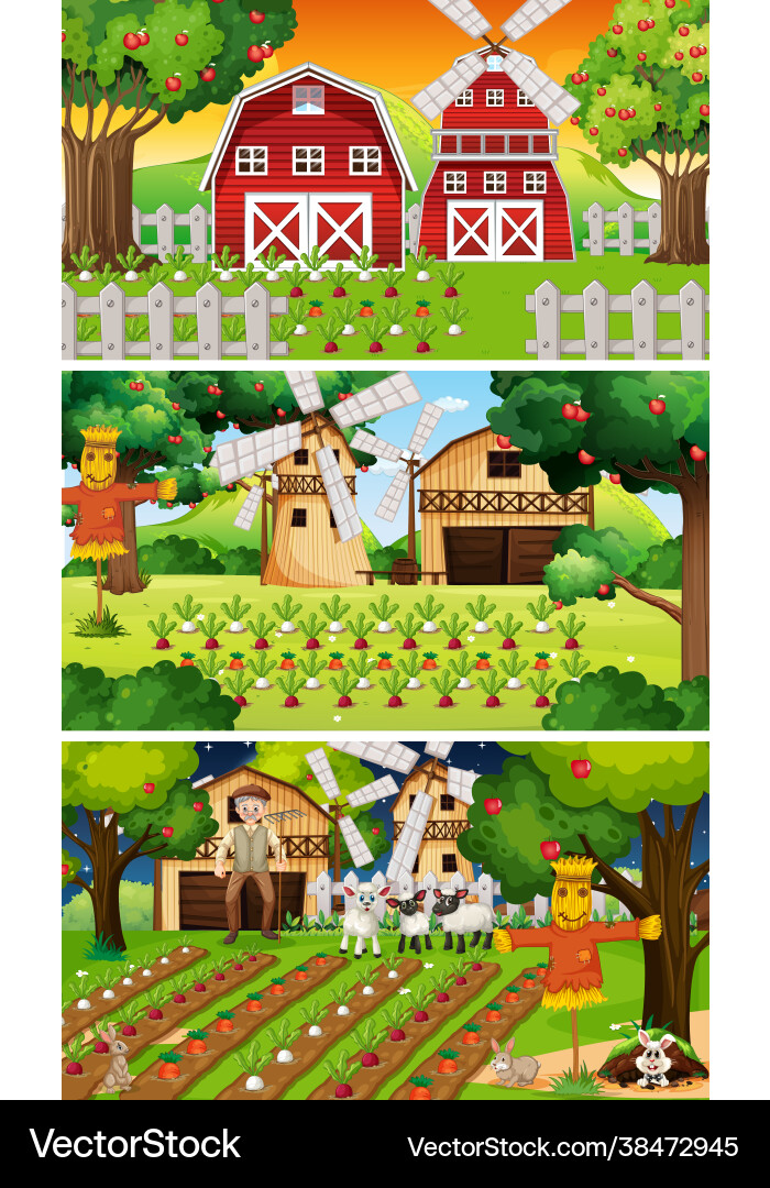 Different farm scenes with old farmer and animal Vector Image