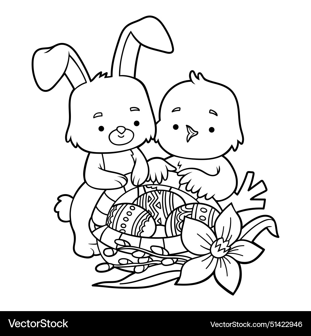 Coloring book easter bird and rabbit basket Vector Image