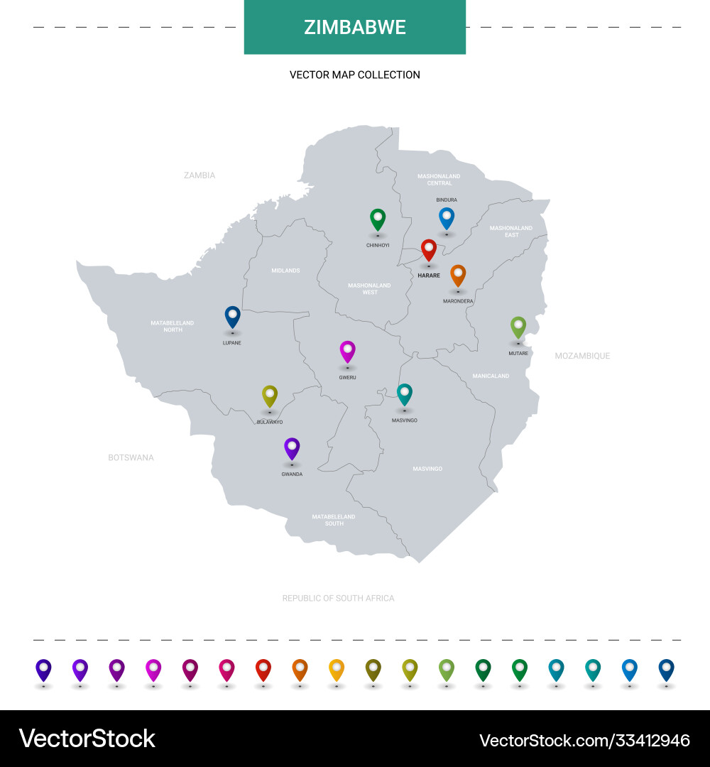 Simbabwe Karte mit Ortspunktmarken Lizenzfreies Vektorbild
