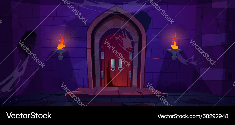 Broken wooden door in old medieval castle Vector Image
