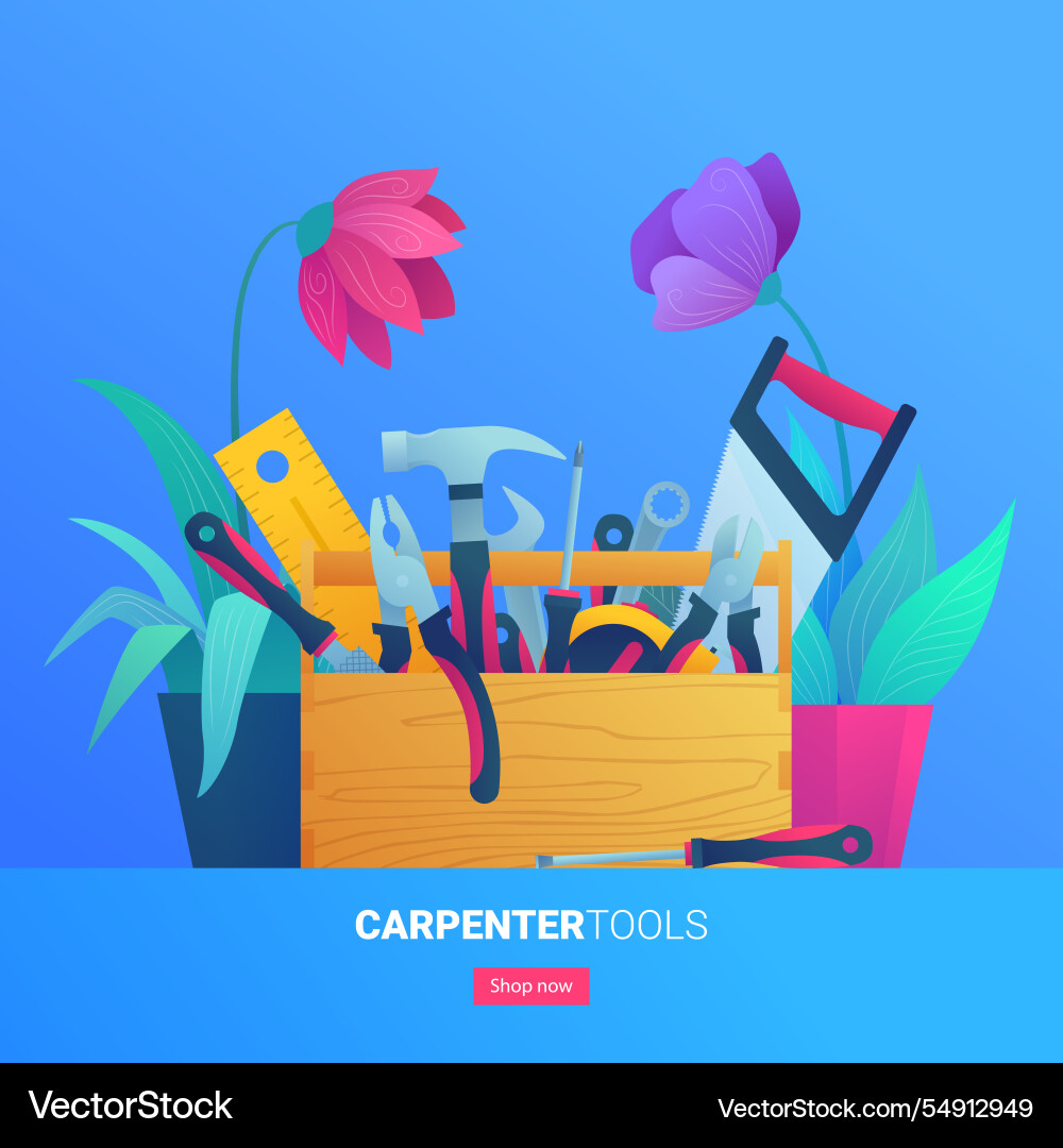 Carpenter tools web banner in cartoon style Vector Image
