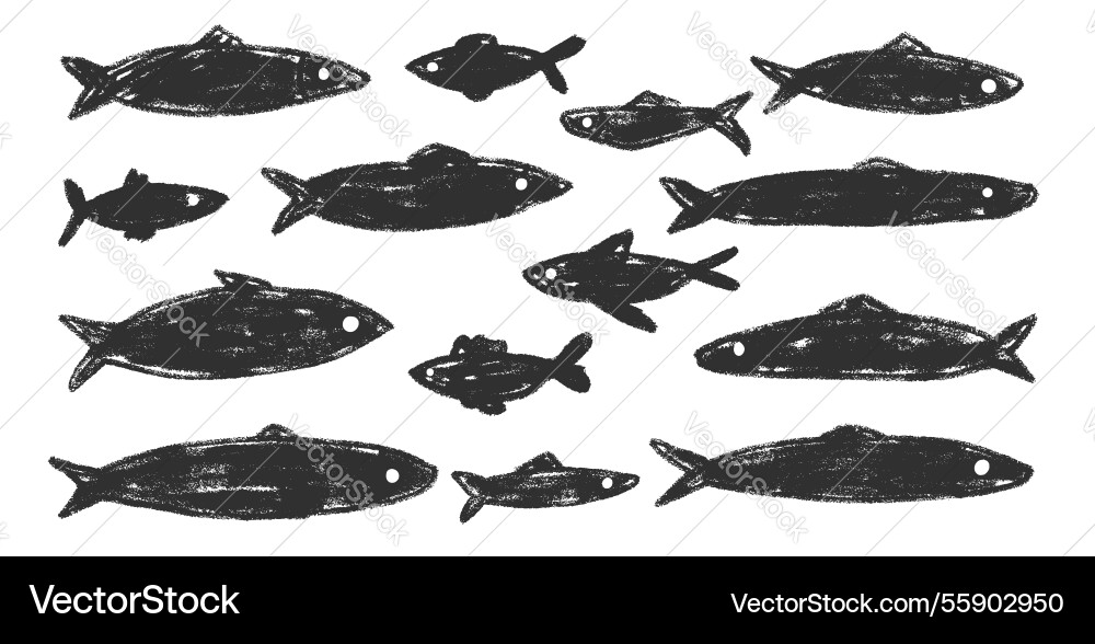 Fishes doodle set sardines hand drawn marker Vector Image