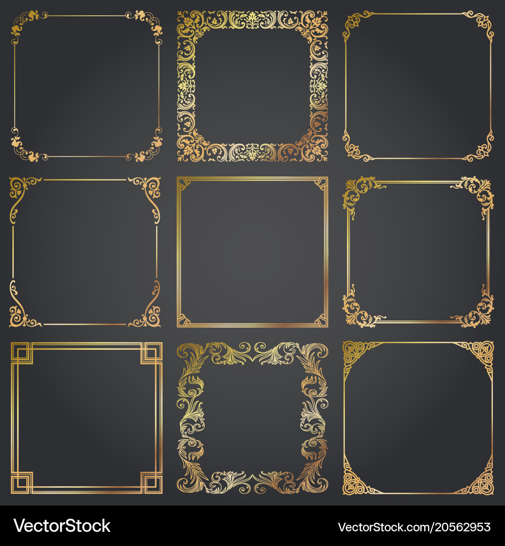 Decorative gold frames and borders square set Vector Image