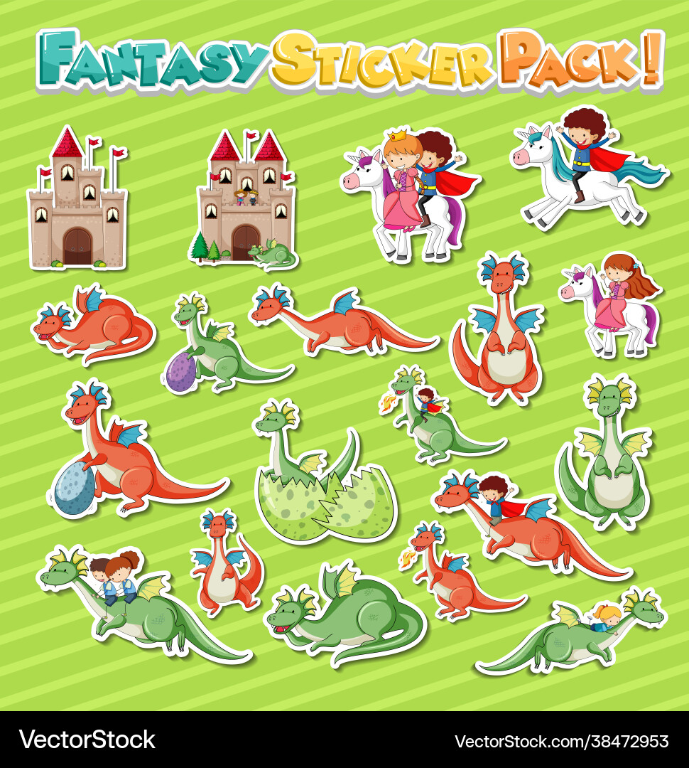 Sticker set with different fantasy cartoon Vector Image