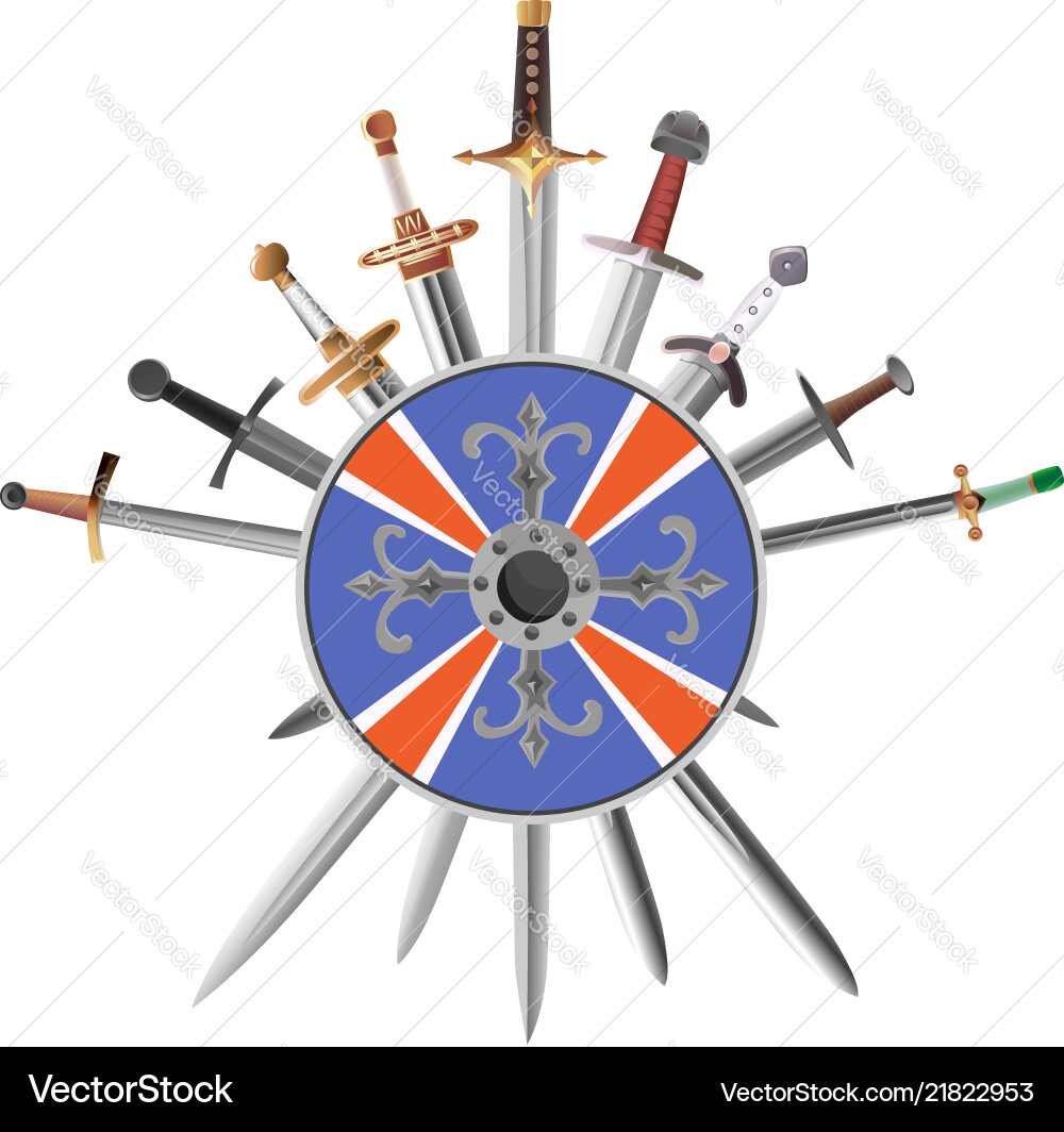 Swords cross crosswise and shields Royalty Free Vector Image