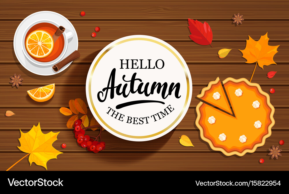 Hello autumn banner in gold frame Royalty Free Vector Image
