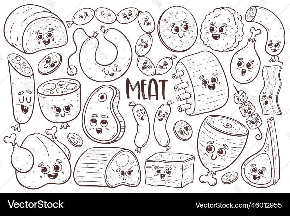 Cartoon Meat Doodle Set Royalty Free Vector Image