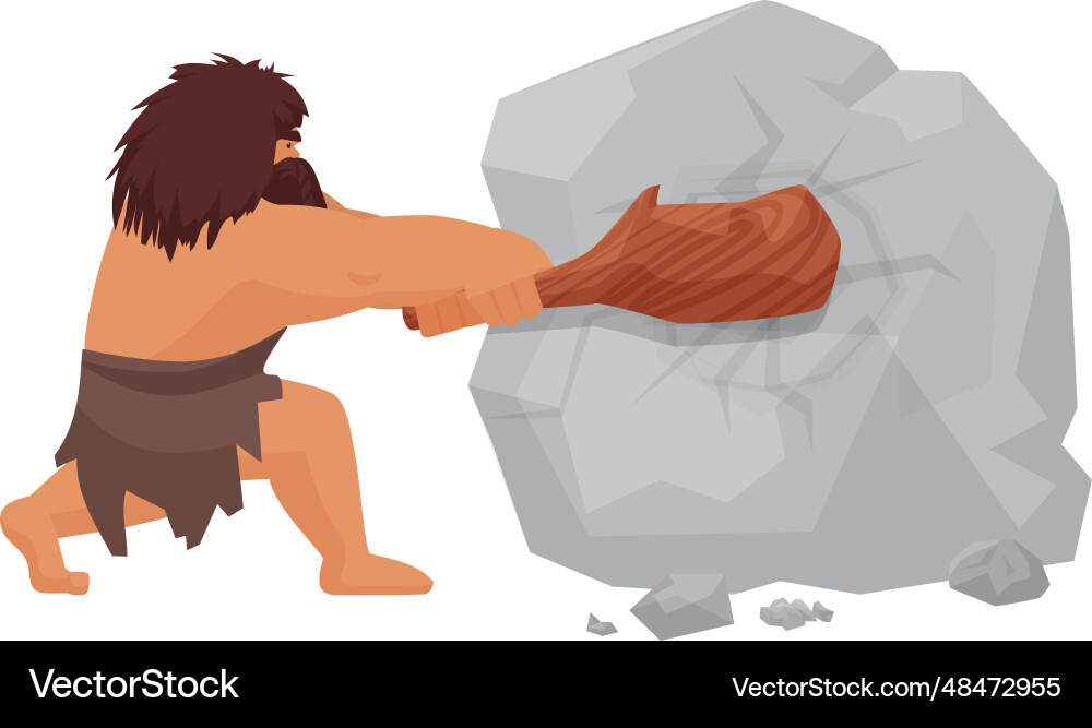 Caveman hitting rock with wooden club Royalty Free Vector