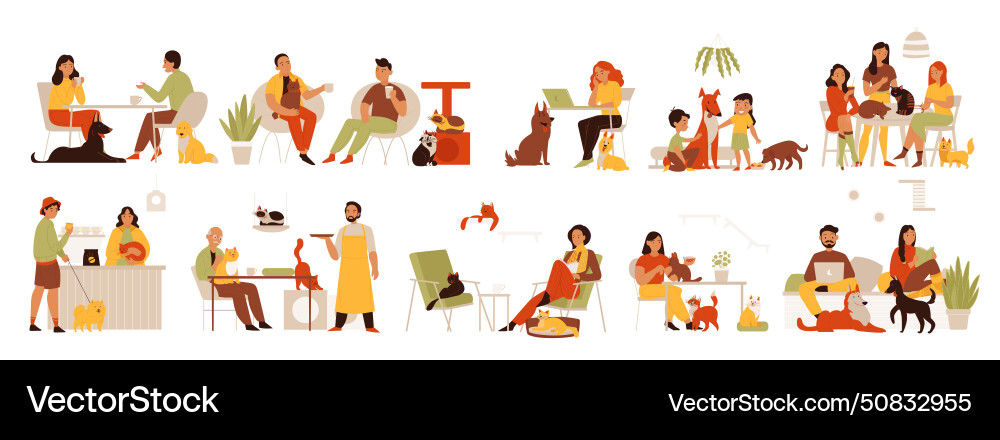 Pets cafe compositions set Royalty Free Vector Image