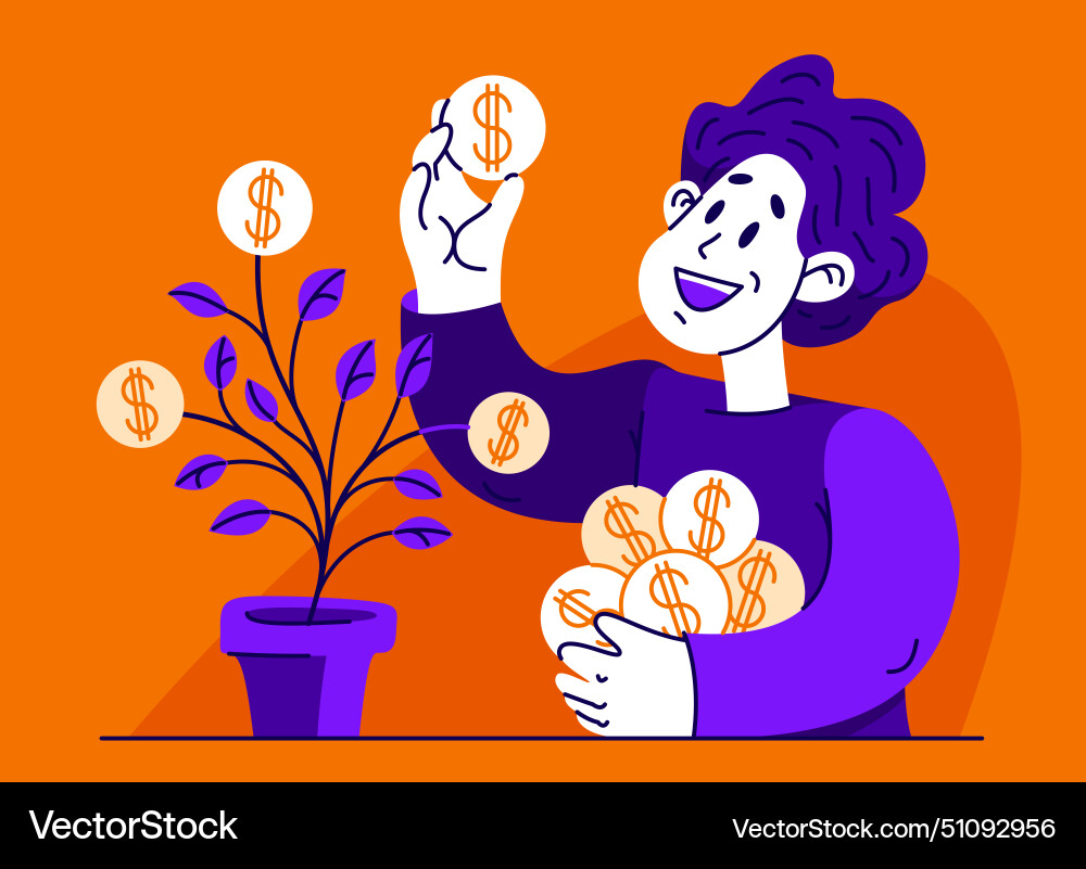 Young man has a pot with money tree concept Vector Image