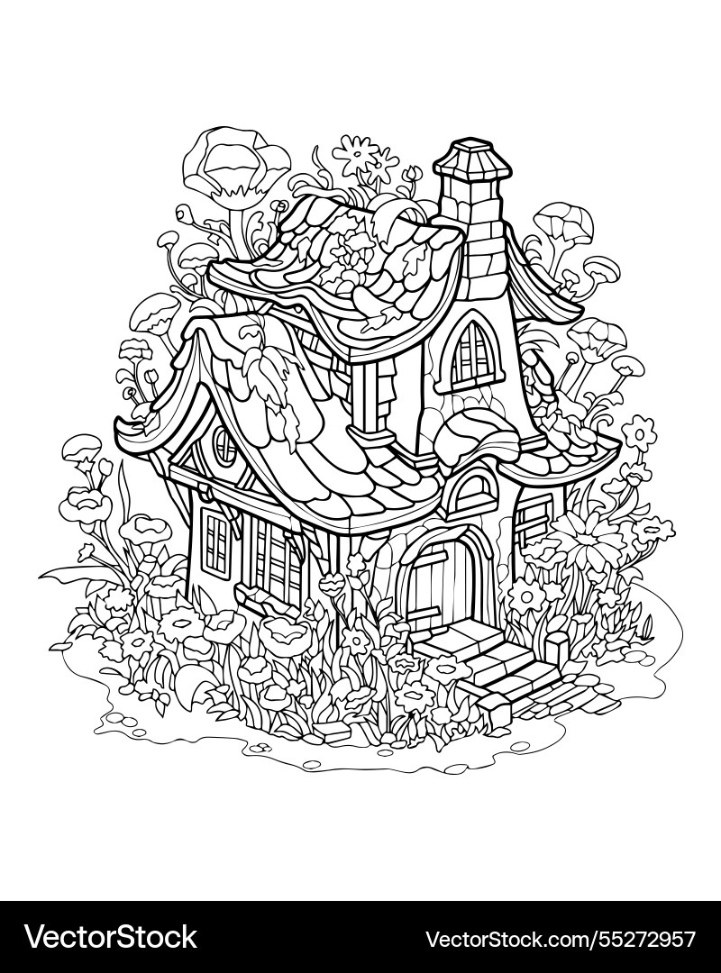 Fairy tale house coloring page magic forest hut Vector Image
