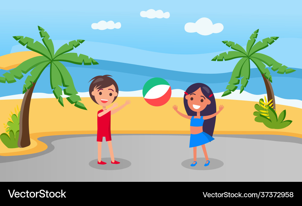Kids having fun throwing ball and playing Vector Image