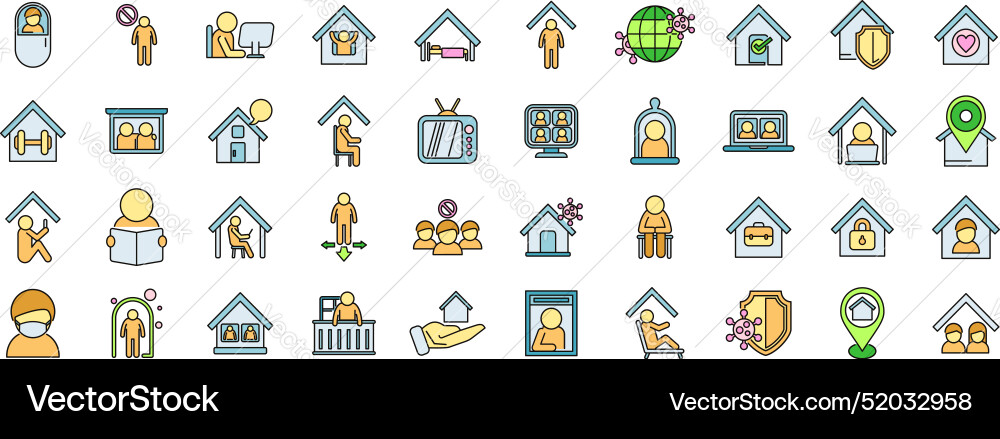 Self isolation icons set color line Royalty Free Vector