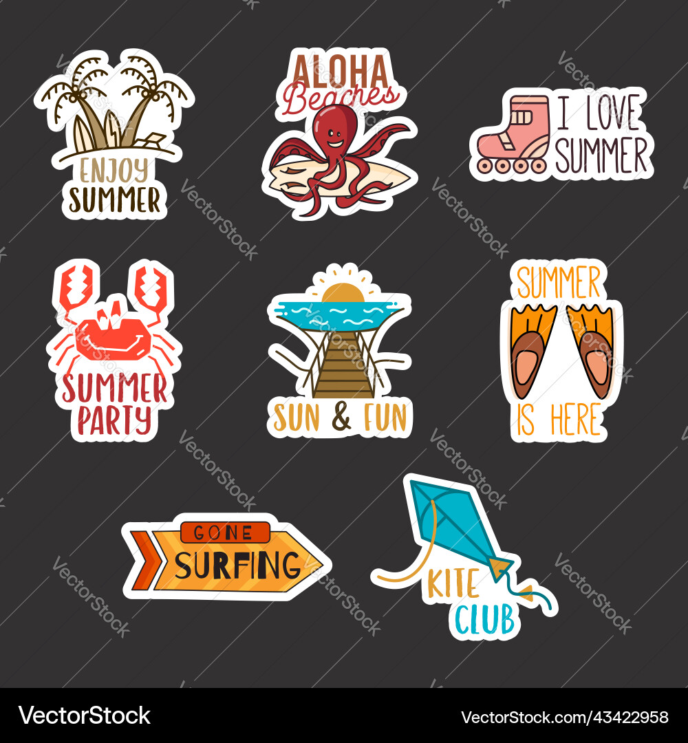 Summer surfing stickers design bundle travel hand Vector Image