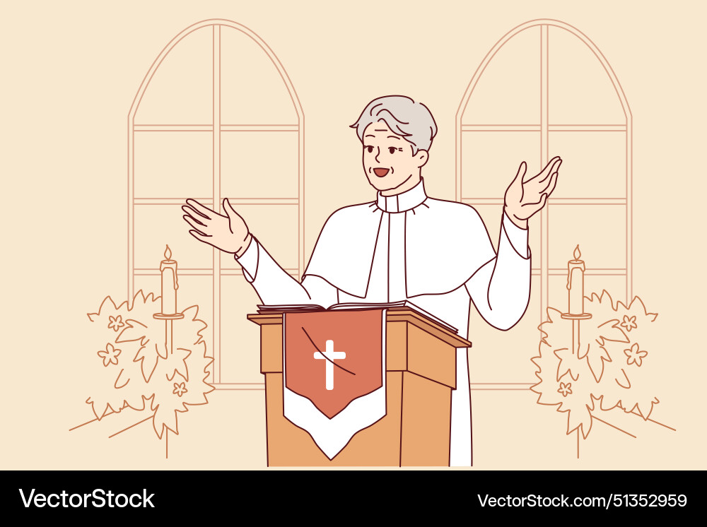 Man priest with smile leads sermon in catholic Vector Image