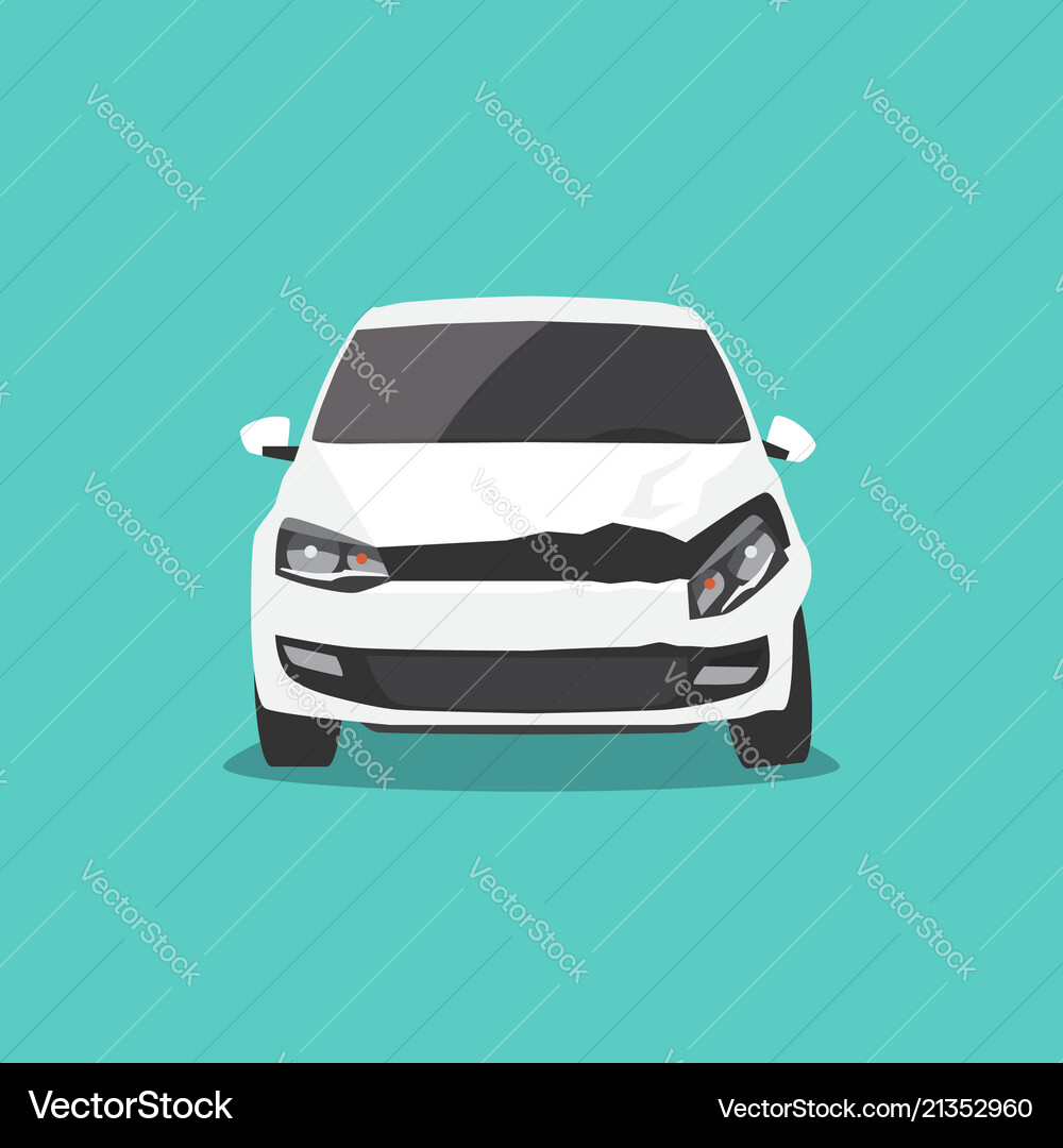 Damaged white car front view accident Royalty Free Vector