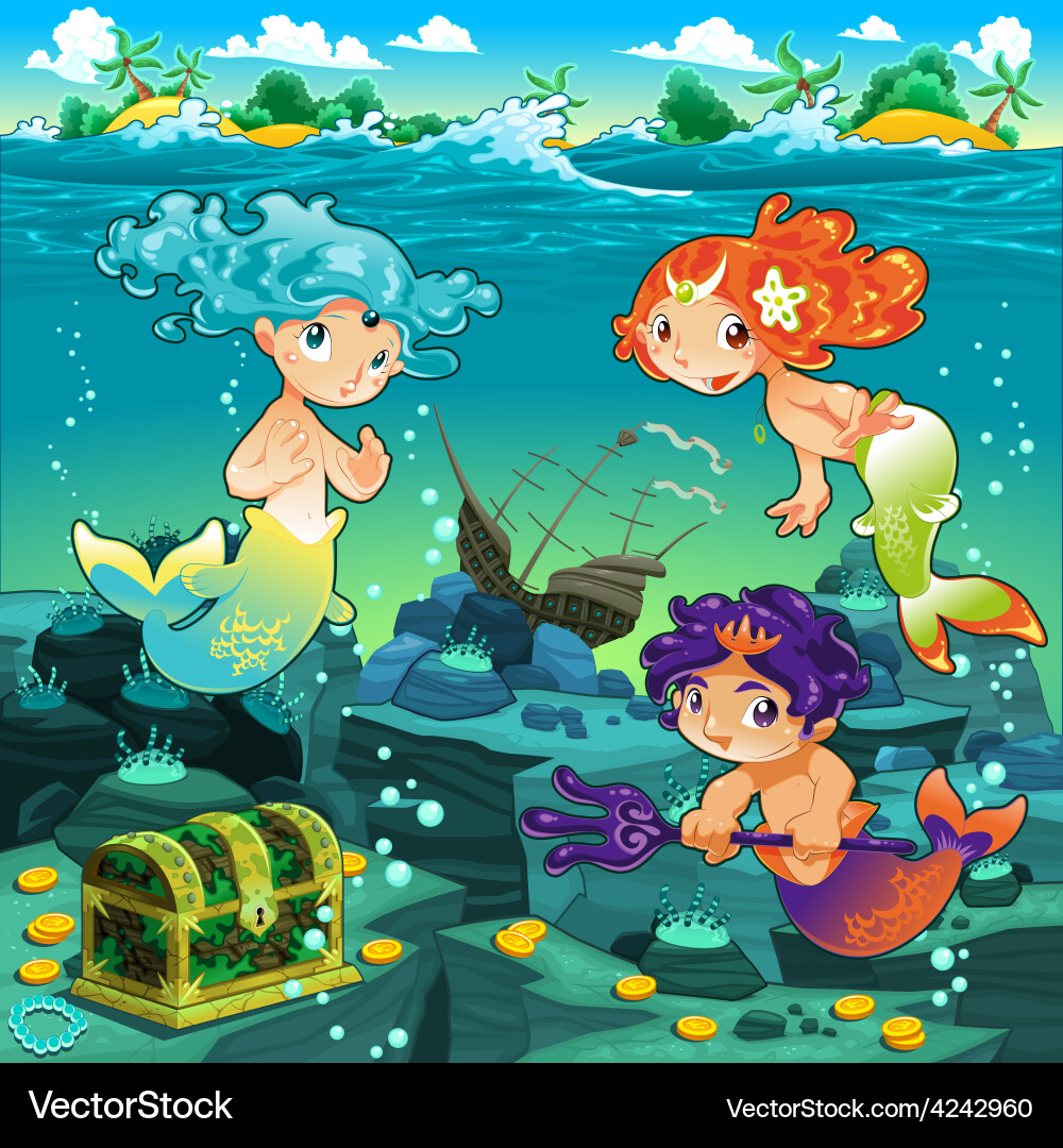 Seascape with mermaids and triton Royalty Free Vector Image