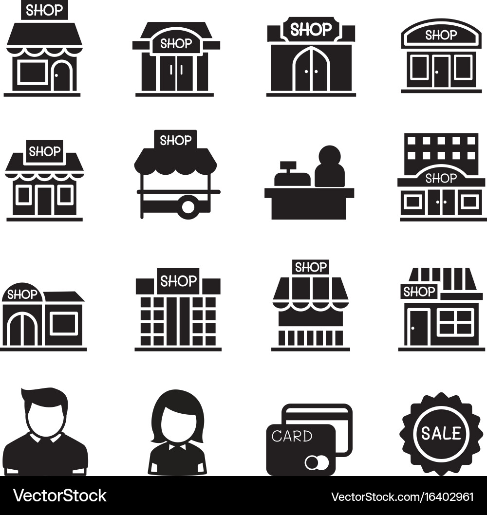 Silhouette Shop Gebäude Icon Set Lizenzfreies Vektorbild