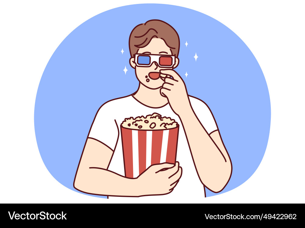 Man in 3d glasses eating popcorn Royalty Free Vector Image