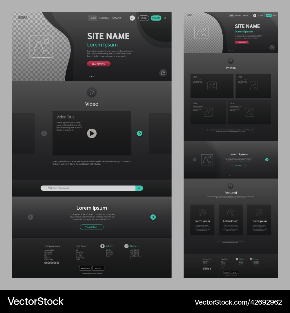 Website template dark with transparency Royalty Free Vector