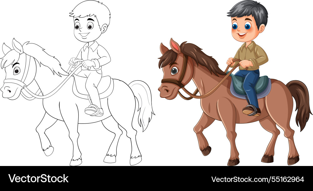 A happy child riding brown horse Royalty Free Vector Image
