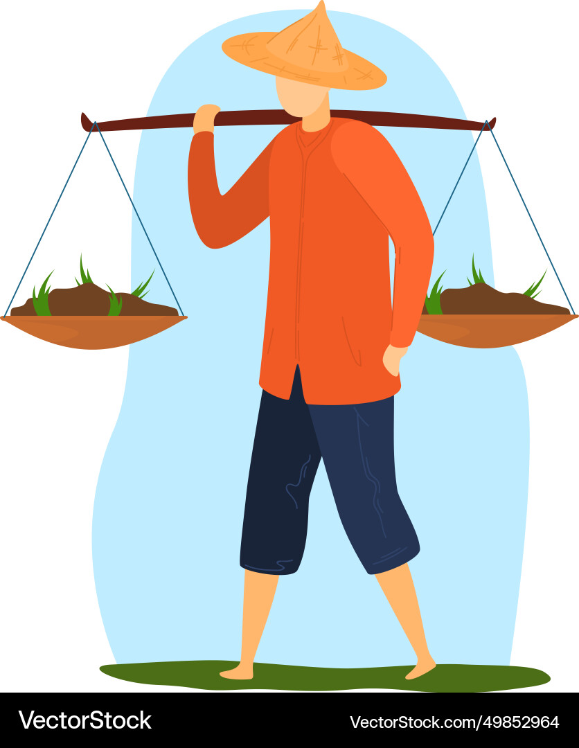 Asian farmer wearing a conical hat carrying yoke Vector Image