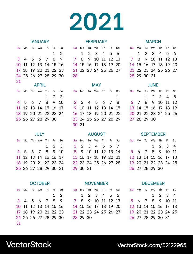 Pocket calendar layout for 2021 year Royalty Free Vector